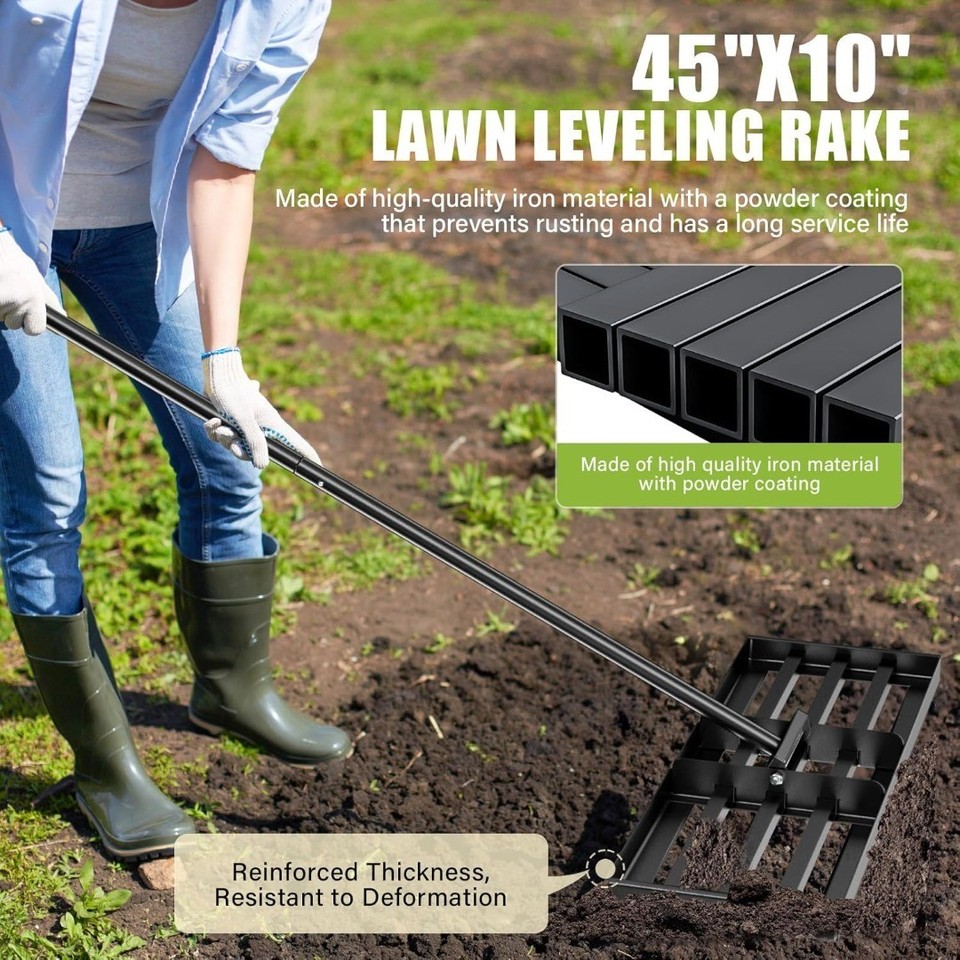 Lawn Leveling Rake 45” x10”Stainless Steel with 78”Adjustment Long ...
