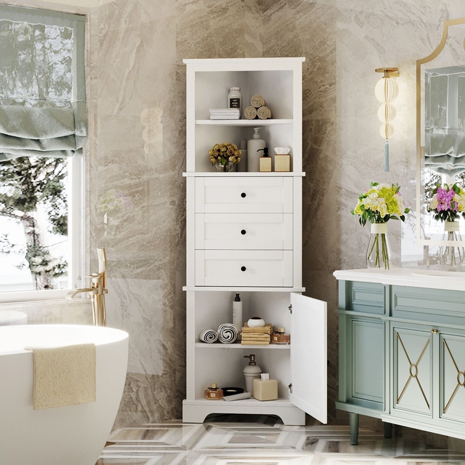 Triangle Tall Bathroom Corner Storage Cabinet with Drawers Door ...
