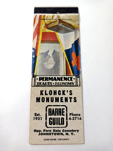 Vintage Matchbook: Klonck's Monuments, Barre Guild, Johnstown, NY | eBay