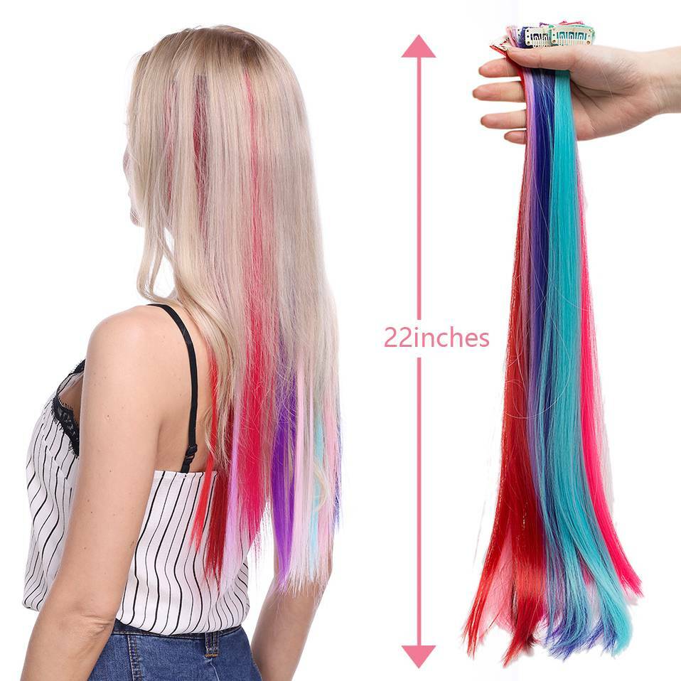 Thick Long Rainbow Clip in on Piece Hair Wavy Streaks Highlight Hair ...