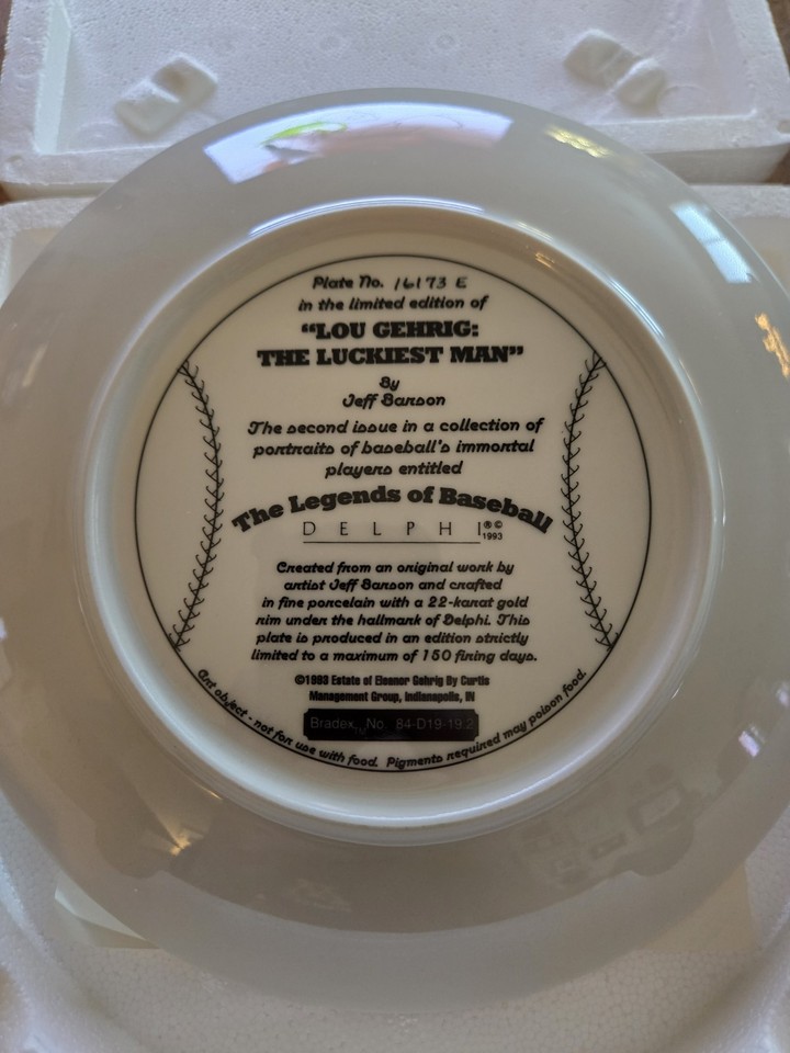 Delphi Limited Edition Lou Gehrig: The Luckiest Man Collectors Plate ...