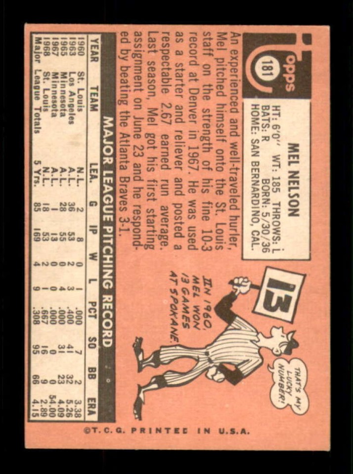 1969 Topps #181 Mel Nelson EXMT/EXMT+ Cardinals 561936 | eBay