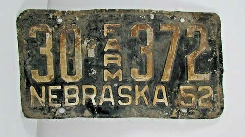 Collectible 1952 NEBRASKA FARM metal LICENSE PLATE 30-372 NE COUNTY ...