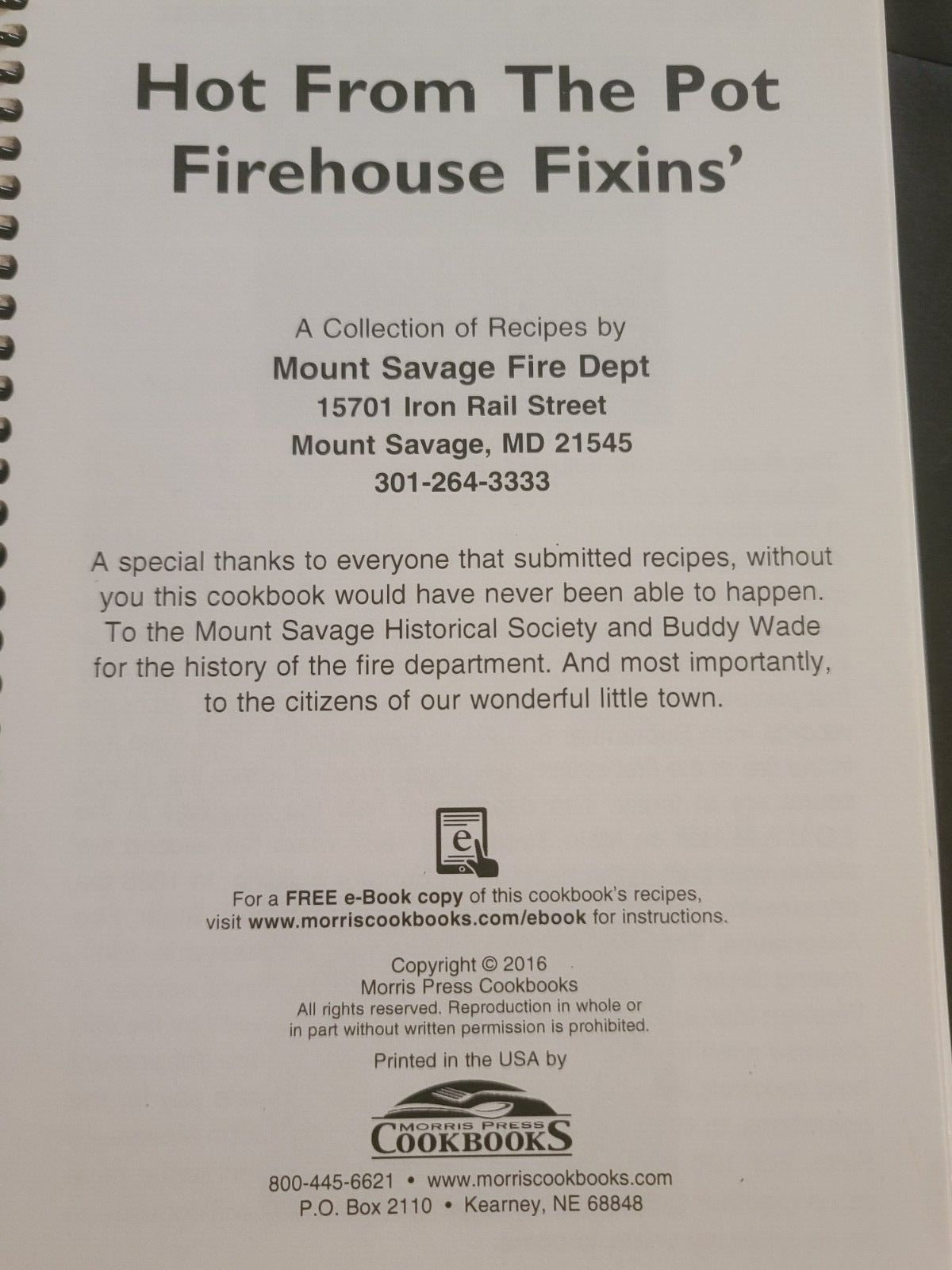 2016 Mount Savage MD Fire Department Recipe Cookbook "Hot From The Pot ...