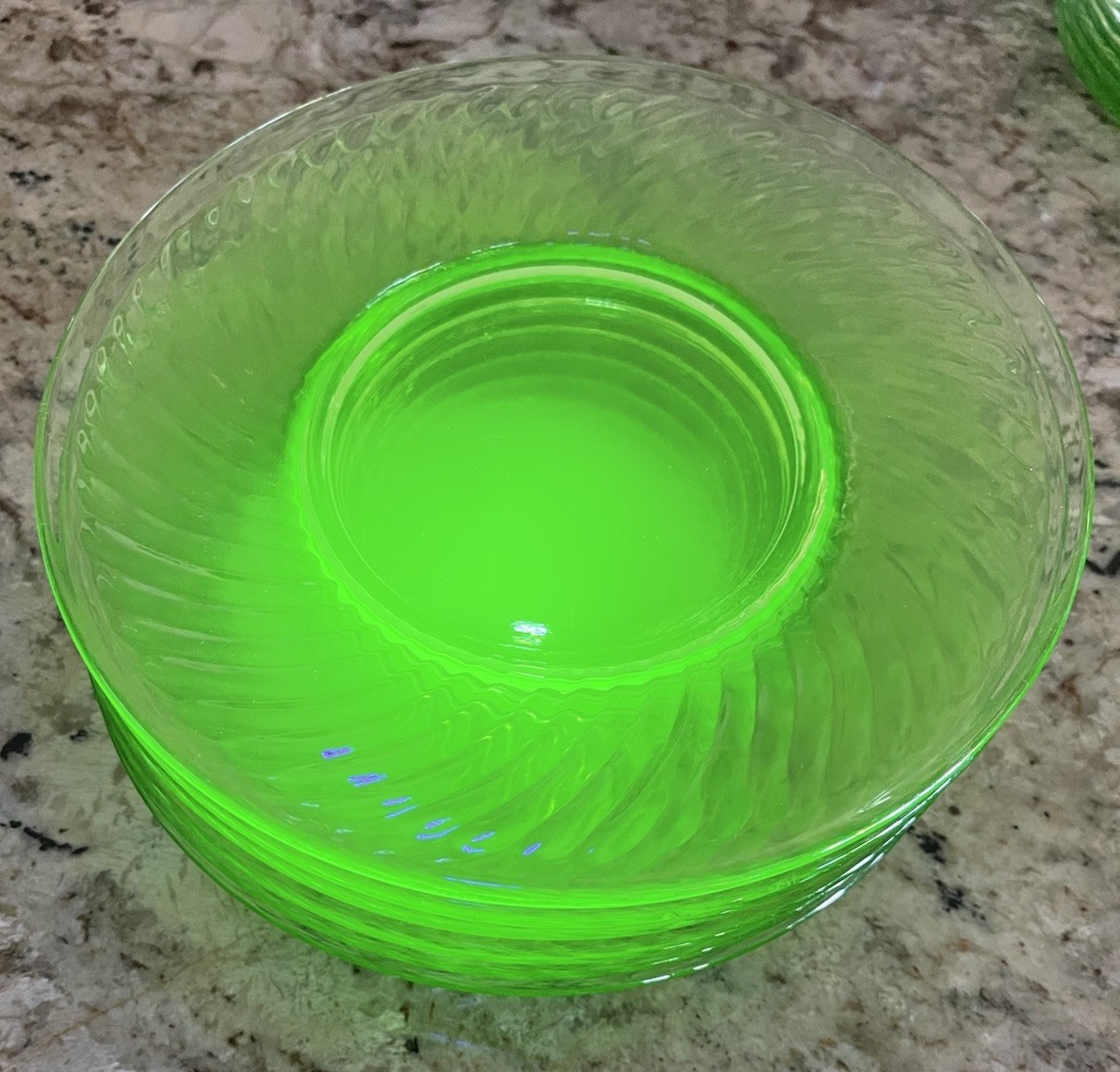 Green Swirl Depression Plates 8" Uranium Glass Salad Plates Set Of 6 ...