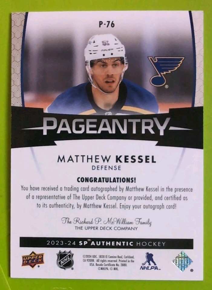 MATTHEW KESSEL PAGEANTRY AUTO 2023-24 UD SP AUTHENTIC AUTOGRAPH #P-76 ...