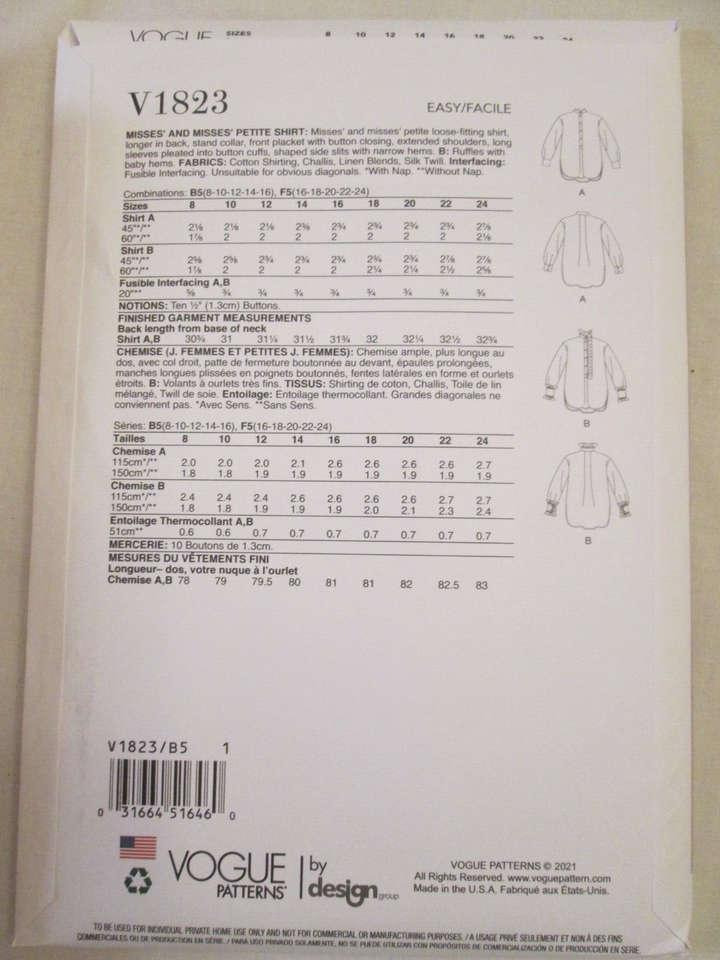 Vogue 1823 Easy Loose Fitting Poet Shirt Pattern Long Sleeves Placket 8 ...