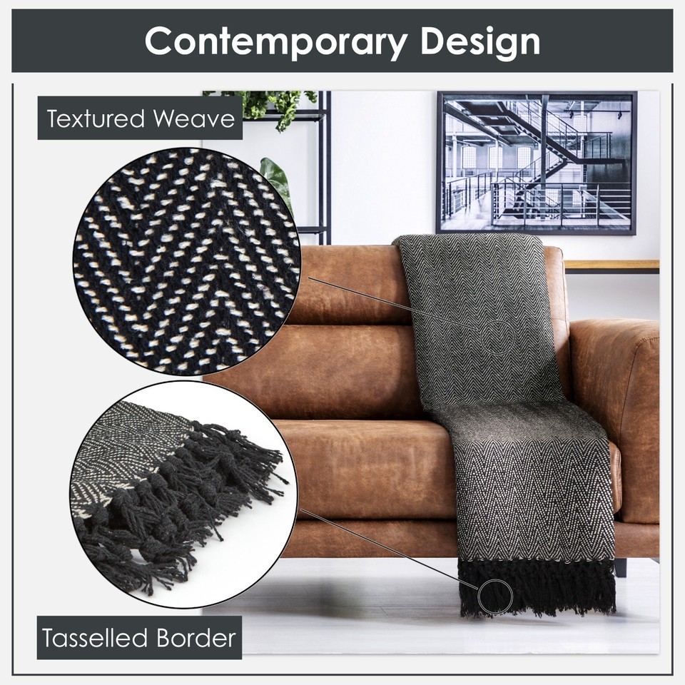 Throw Blanket for Sofas Bed Runner Herringbone Design Soft Cotton ...