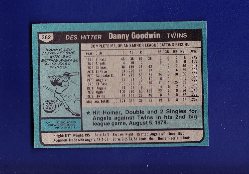 Danny Goodwin 1980 TOPPS MLB Baseball #362 (NM+) Minnesota Twins | eBay