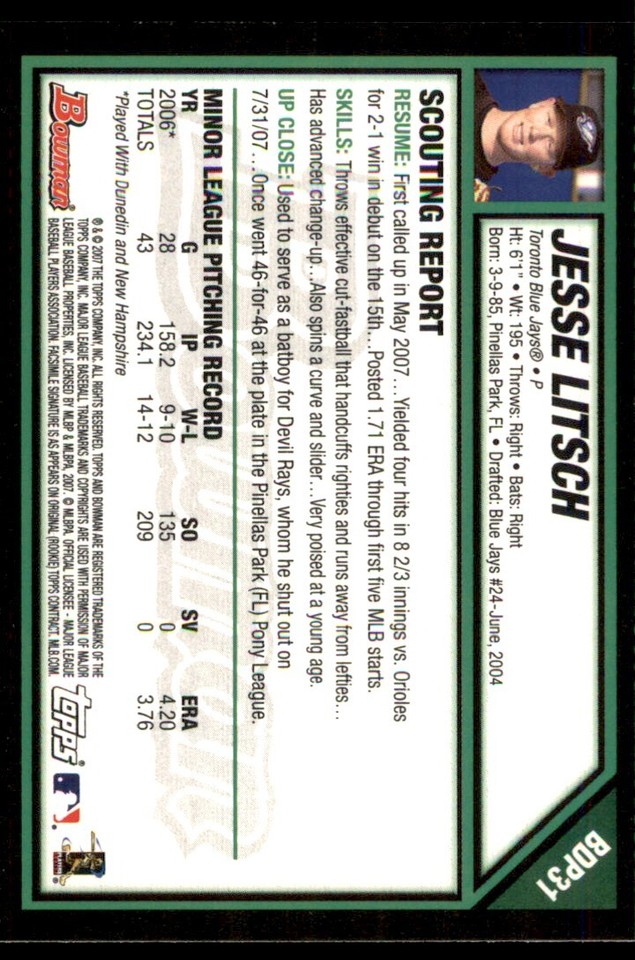 2007 BOWMAN DRAFT PICKS & PROSPECTS JESSE LITSCH RC TORONTO BLUE JAYS # ...