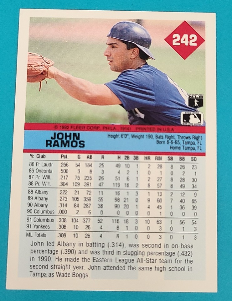 1992 Fleer #242 John Ramos New York Yankees BASEBALL Card W6 | eBay