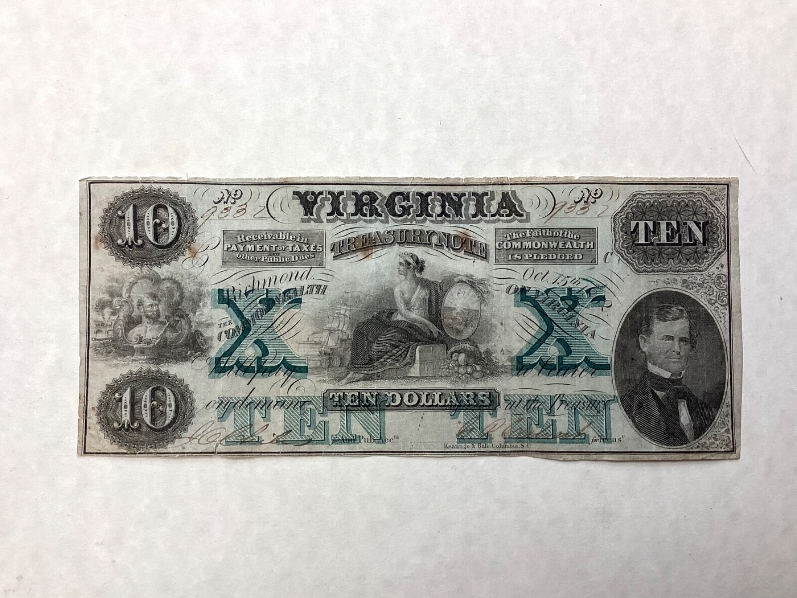 ~ 1862 $10 Ten Dollars Virginia Treasury Note - Civil War Confederate ...