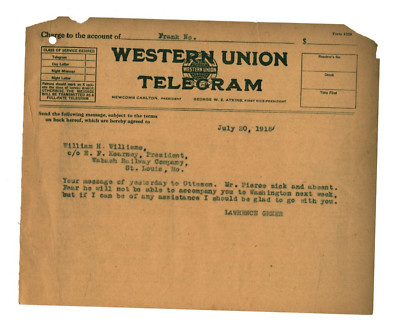 Lawrence Greer 1918 telegram to Wabash Railroad President William H ...