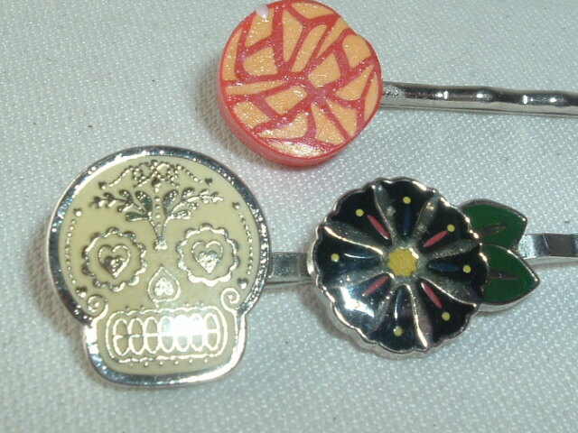 SKULL FLOWER RED/ YELLOW BOBBY PINS HAIR BARRETTE UP DO HAIR ACCESSORY ...