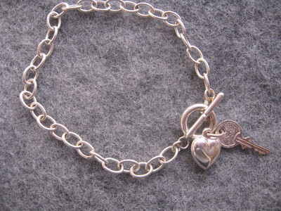 Elegant Heart and Key Charm Bracelet Sterling Silver Link Chain ...