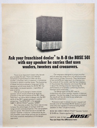 1971 BOSE 501 Speaker System Retro Original Print Ad Natick Mass | eBay