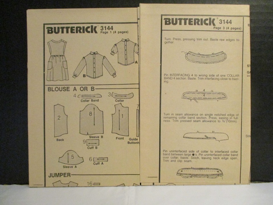 Butterick Pattern 3144 Girls Jumper & Blouse Size 4-5-6 UC L/S Sleeves ...