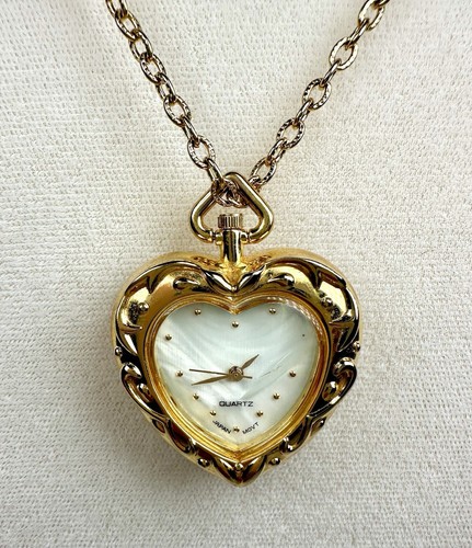 Vintage AVON Necklace Watch Clock Mother Of Pearl Dial 31”Chain Gold ...