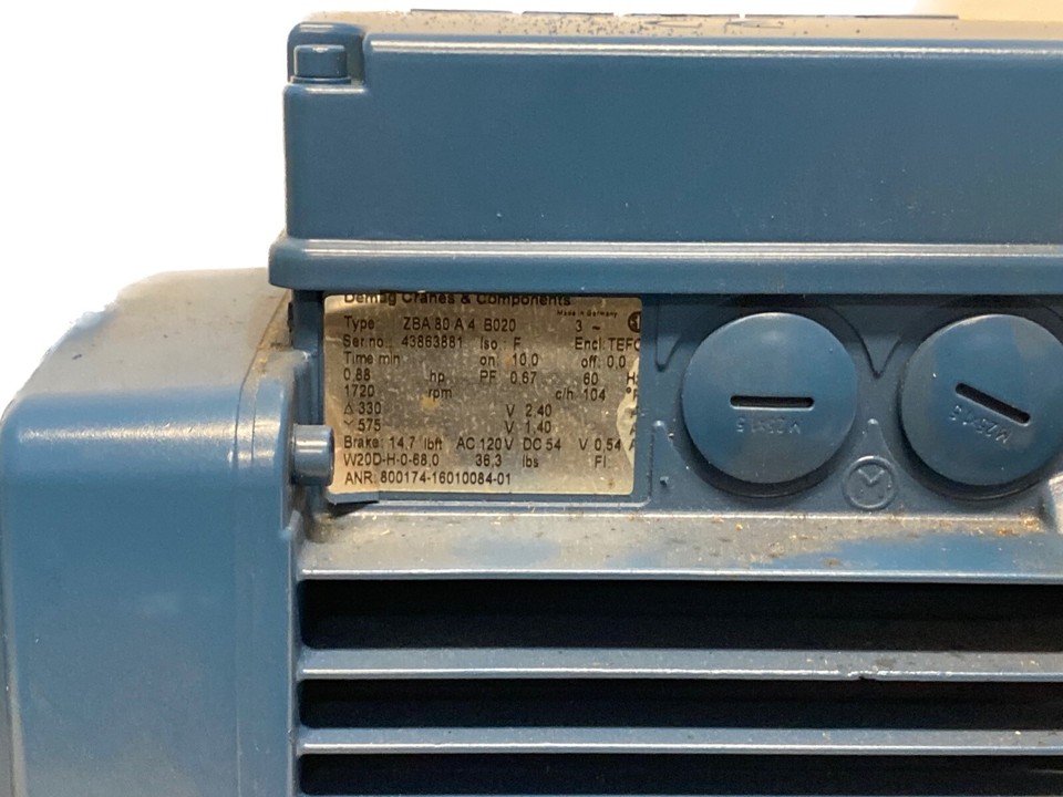 Demag .88 HP 1720 RPM AC Motor ZBA 80 A 4 B020 w/ Brake & WUE20DD Gear ...