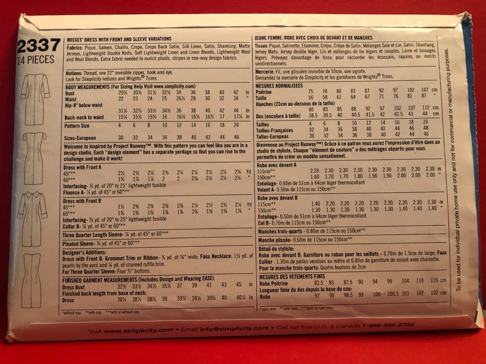 Simplicity Pattern 2337 MISSES DRESS Sz 4-12 Fitted Ruche Project ...