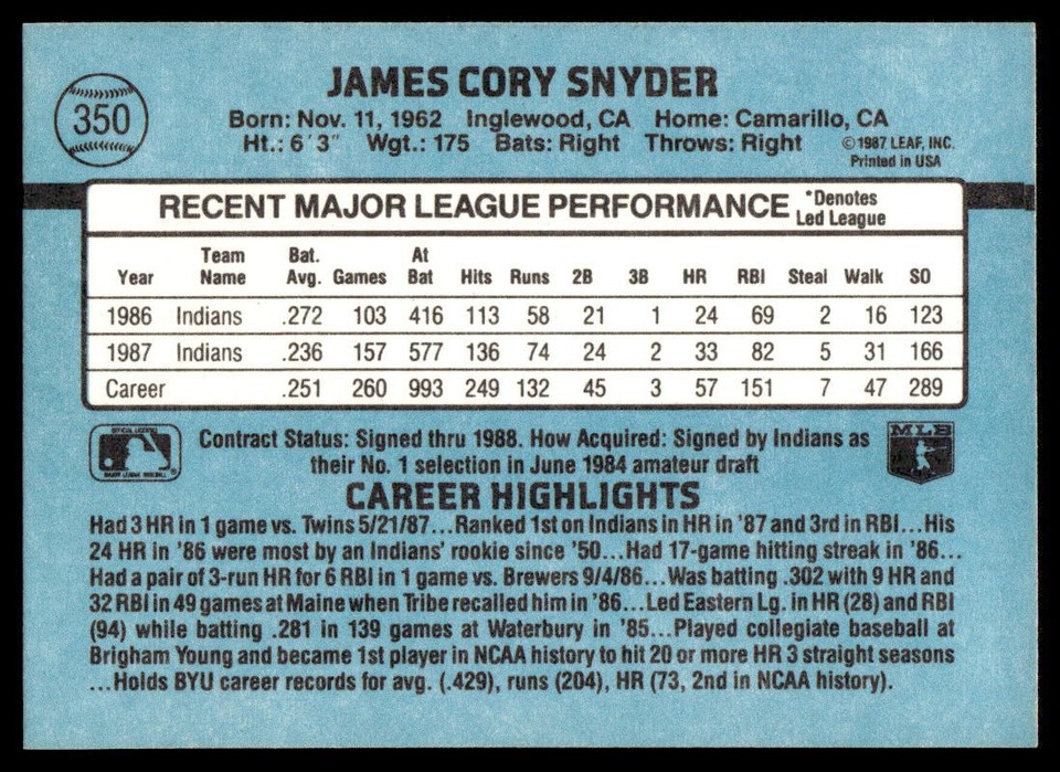 1988 Donruss #350 Cory Snyder * Cleveland Indians * Signed * Auto ...