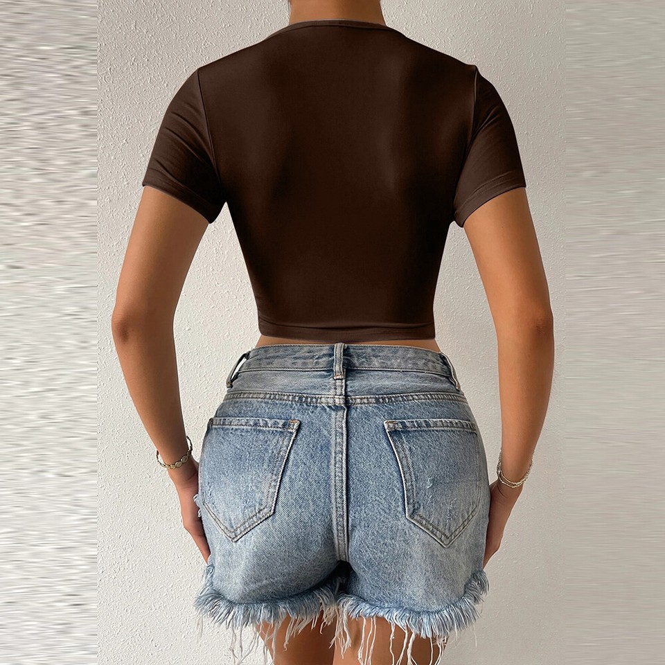 Sexy Womens V Neck Short Sleeve Slim Fit Tops Ladies Cropped Tops ...