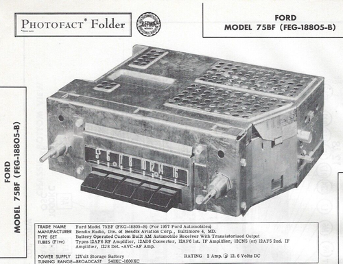 1957 FORD 75BF AM Car RADIO Photofact MANUAL Bendix Receiver Auto FEG ...