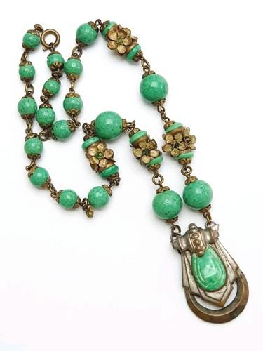 VINTAGE CZECH ART DECO NEIGER GREEN PEKING GLASS ENAMEL FLOWER PENDANT ...