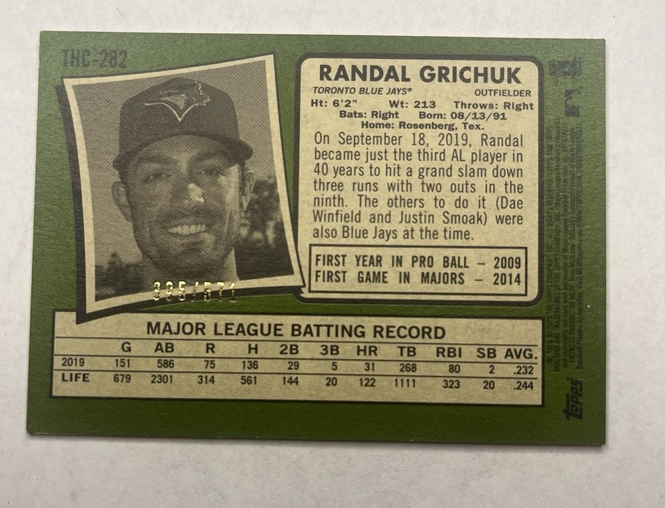 Randal Grichuk 395 /571 2020 Topps Heritage #THC-282 Chrome Refractor ...