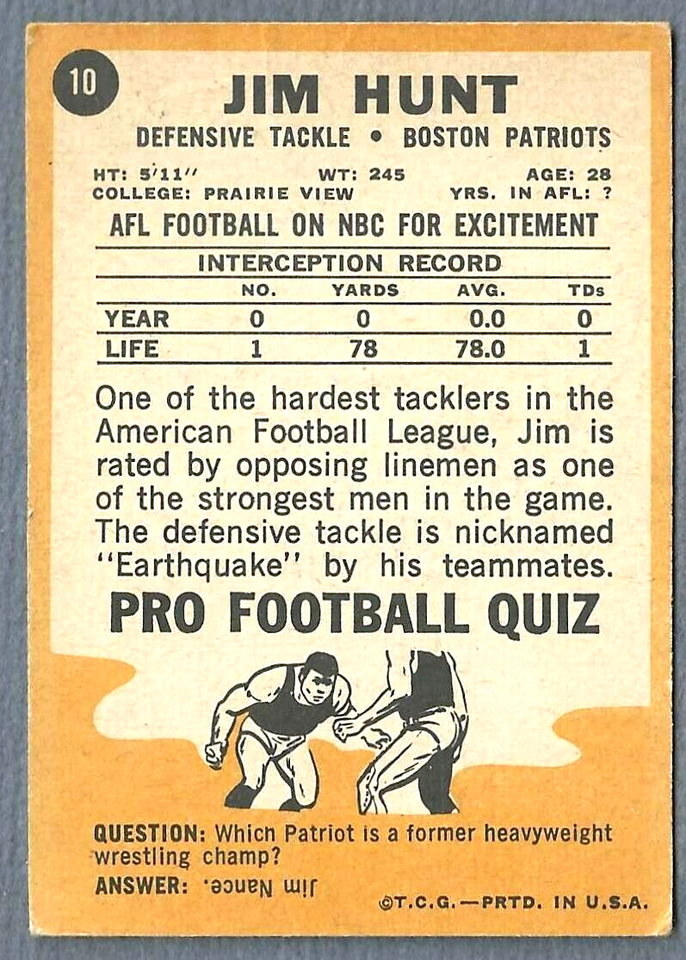 Jim Hunt Boston Patriots 1967 Topps Card #9 Card EX Mild Wrinkle Top | eBay