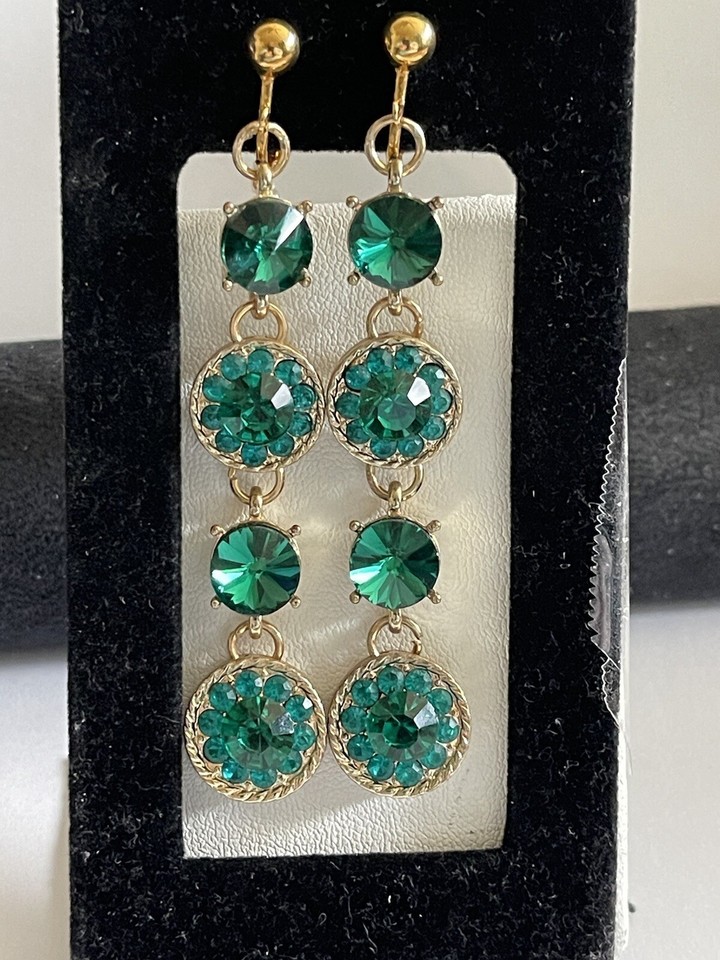 Vintage Teal Rhinestone Crystals Goldtone Pendant Necklace & Clip ...