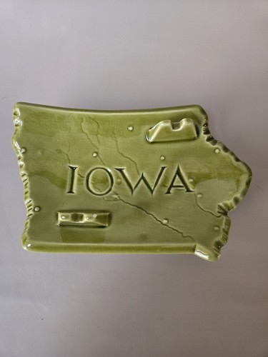 Vintage IOWA Art Pottery State Ashtray Green Glaze City Map Rosemeade ...