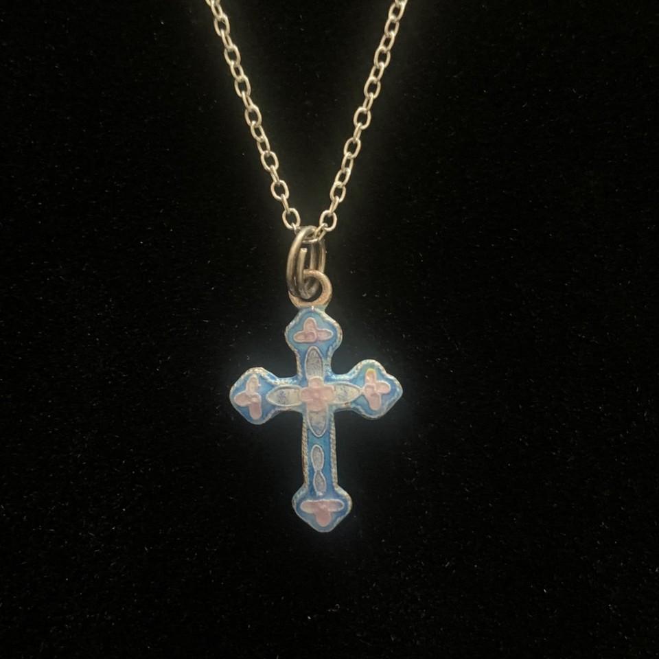 Vintage Mini Dainty Sterling Silver Enamel Cross Pendant Necklace Blue ...