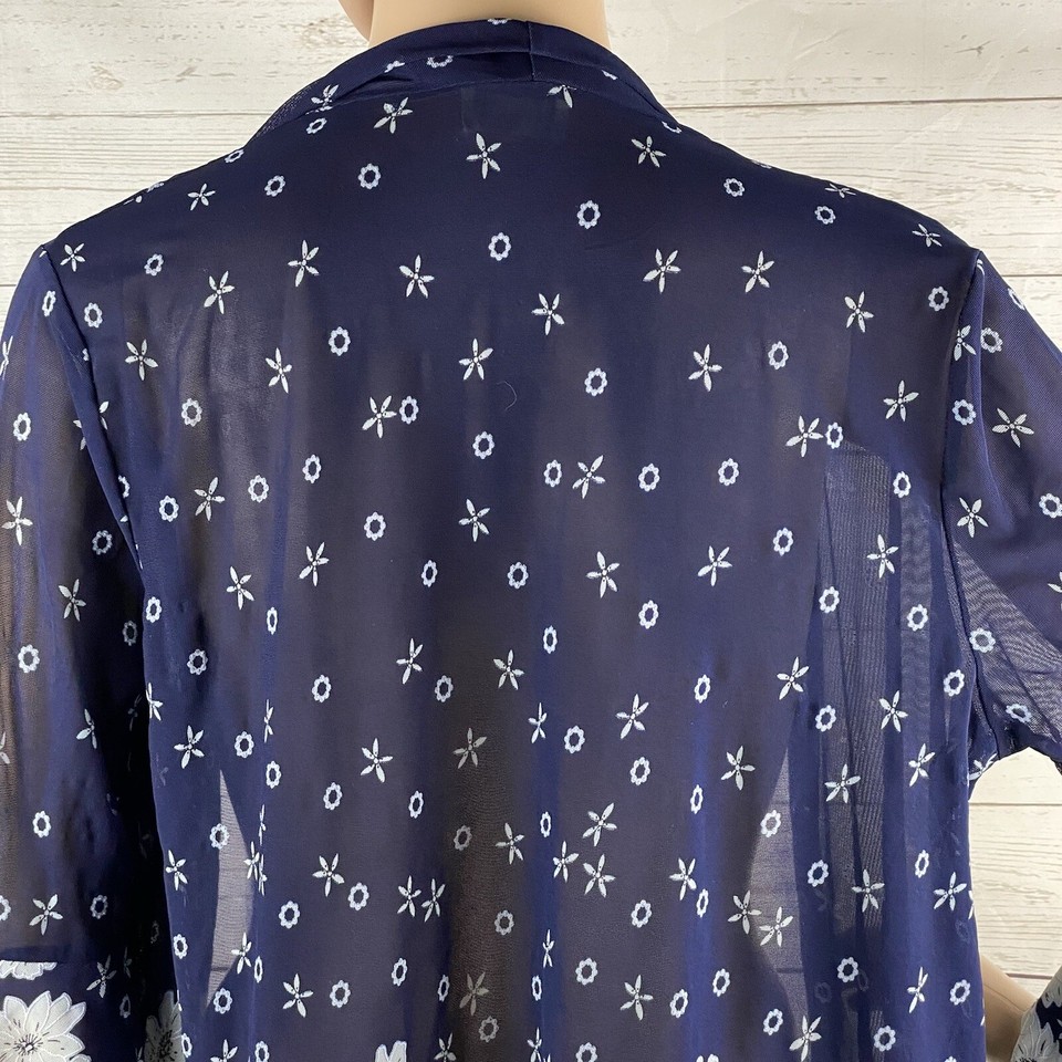Ember Semi-Sheer Cover Up Medium Navy Blue White Floral Bell Sleeve ...