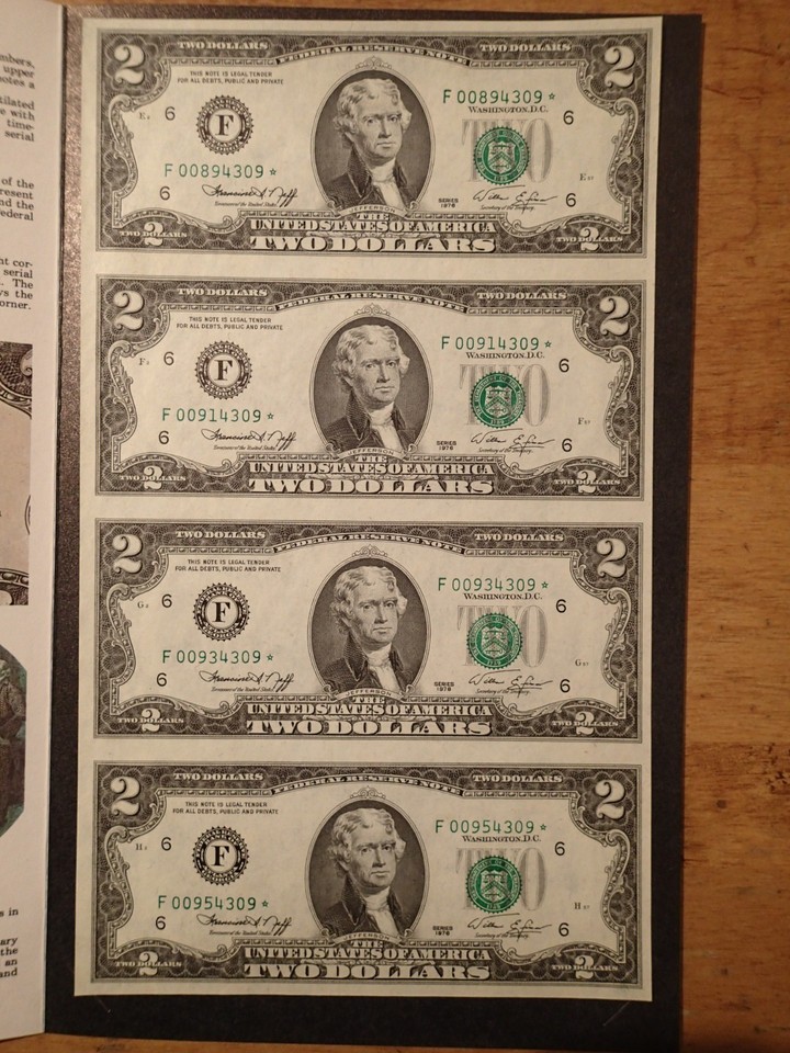 Set of Uncut Sheets of 1976 $2 Star Note Bills & 1981A $1 Bills, w/Orig ...