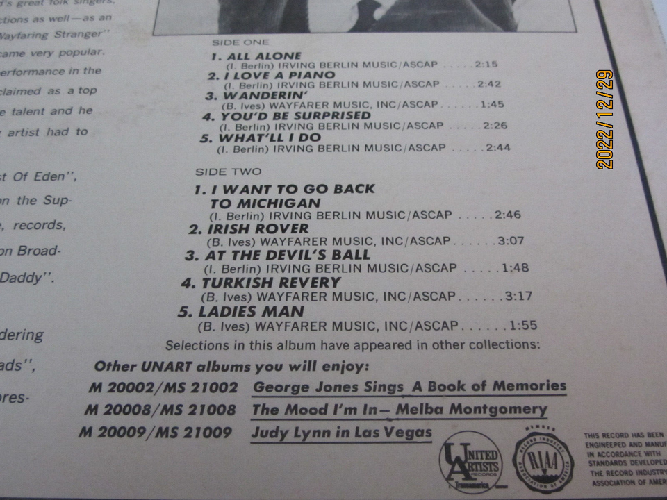 Burl Ives-" Favorites," vinyl stereo LP, Unart Records S 21006 | eBay