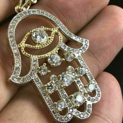 2Ct Round Cut Sim Diamond Unisex Hamsa Hand Charm Pendant 14k Yellow ...