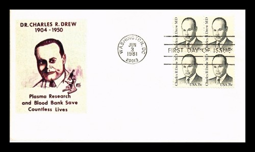 US COVER DR CHARLES R DREW GREAT AMERICANS FDC BLOCK THERMOGRAPHED ...