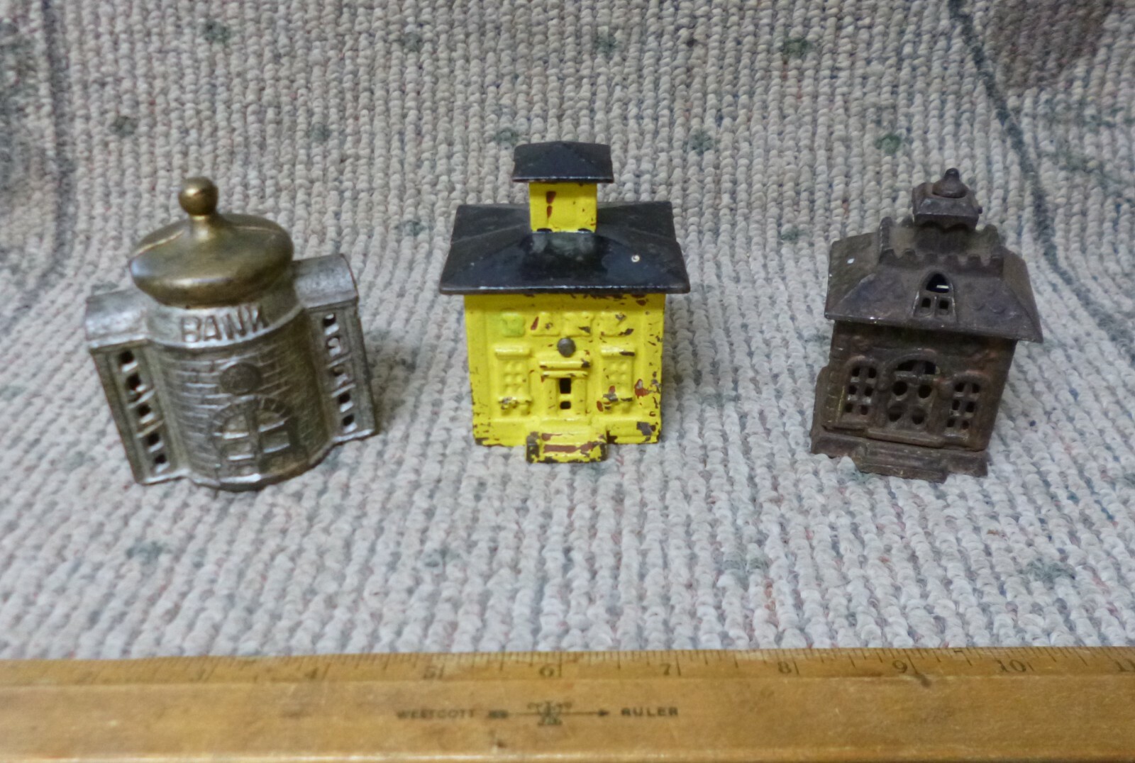 3 Antique Small Sized Cast Iron Still Banks, Presto, Cupola & State ...