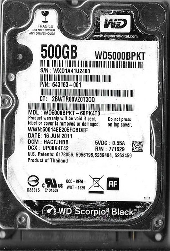 Western Digital WD5000BPKT-60PK4T0 500GB Sata Hard Drive DCM: HACTJHBB ...