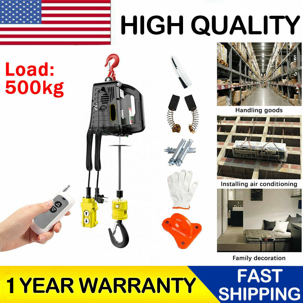 500KG/1100LBS Electric Wireless Hoist Winch Hoist Crane Lift 110V ...