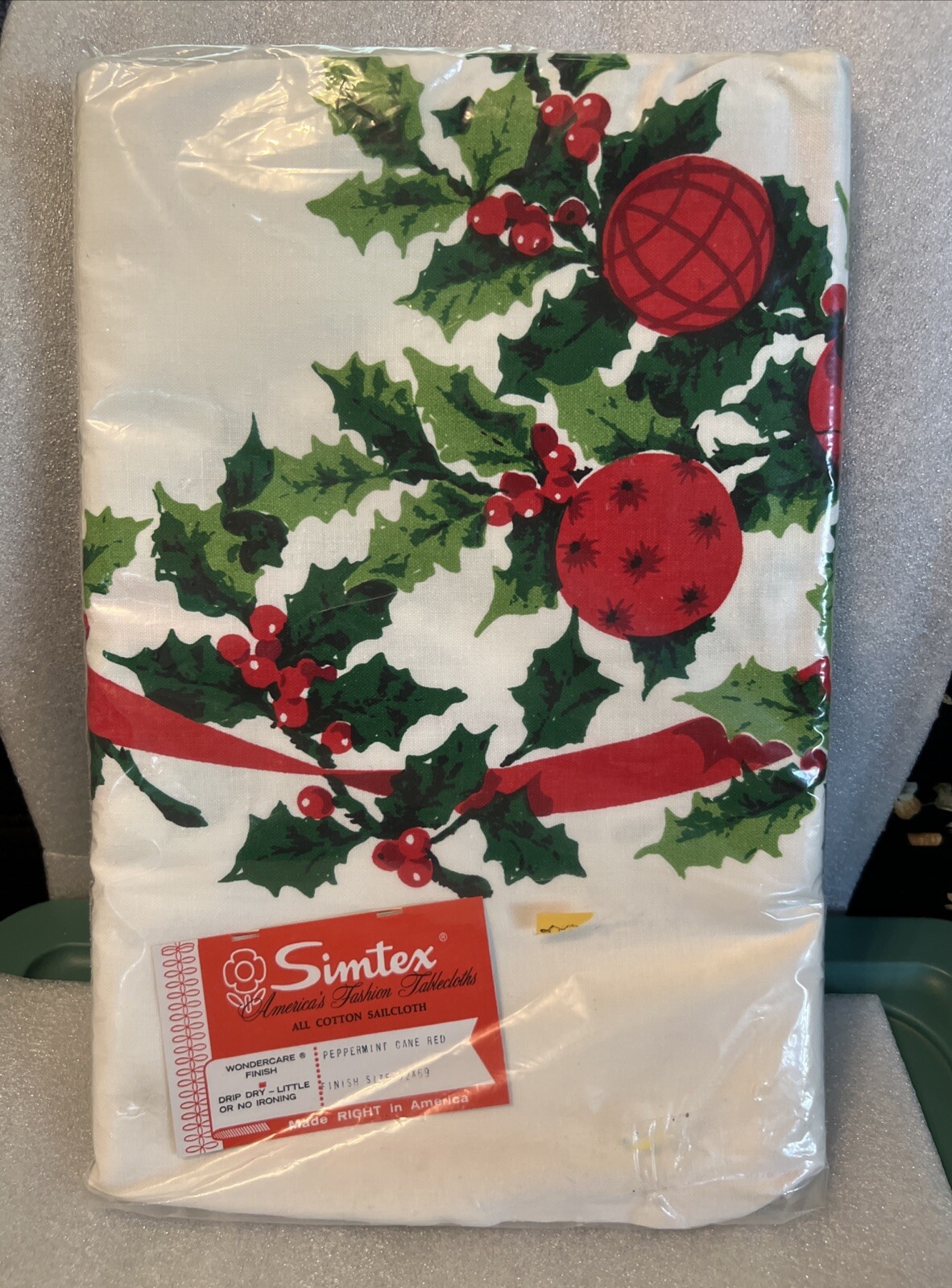 Vintage NEW Simtex Christmas Tablecloth Holly Candy Canes Ornaments ...
