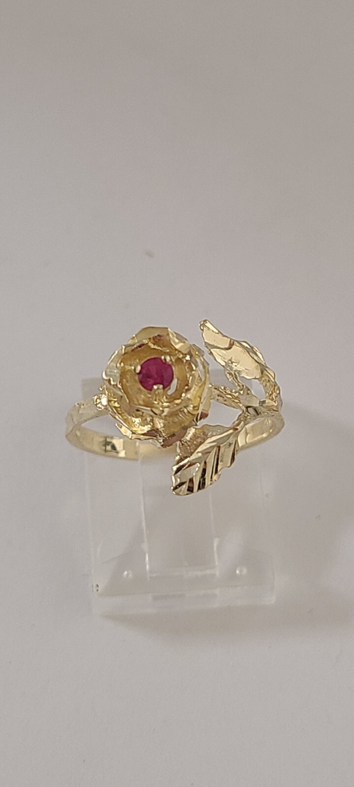 14k Yellow Gold Rose Flower Ring With Petals N Red Ruby Stone Diamond ...
