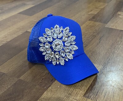 Women’s Blue With Blue Mesh Back Rhinestone Baseball Cap With Pony Tail ...