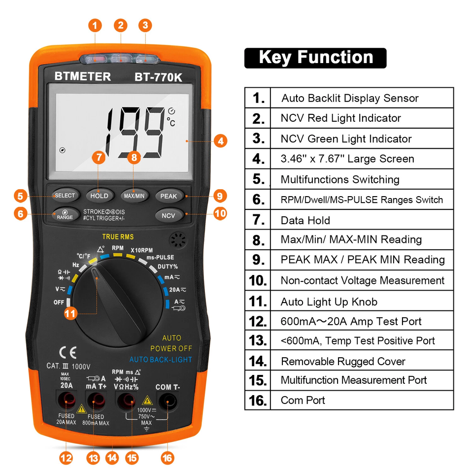 Car Diagnostic Multimeter Engine Analyzer AC DC RPM Dwell & Signal Pick ...