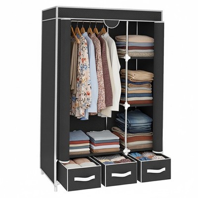 Large Fabric Canvas Wardrobe with Clothes Hanging Rail Shelving Storage ...
