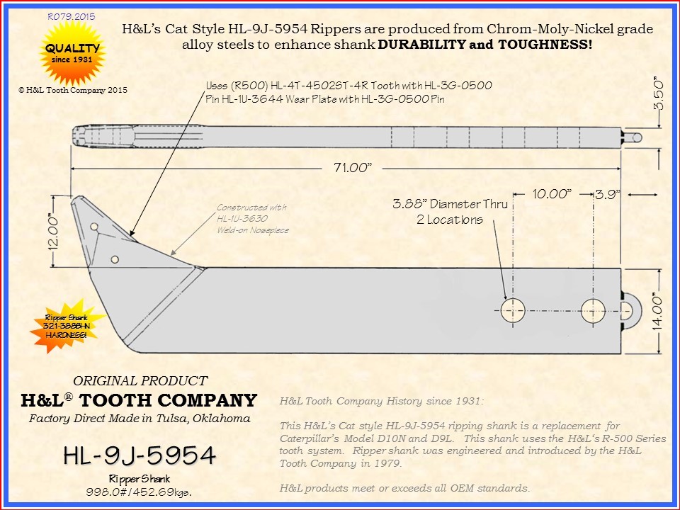 9J5954 Dozer D9 D10 Ripper Shank, Cat Style R500 Teeth, Made by H&L ...