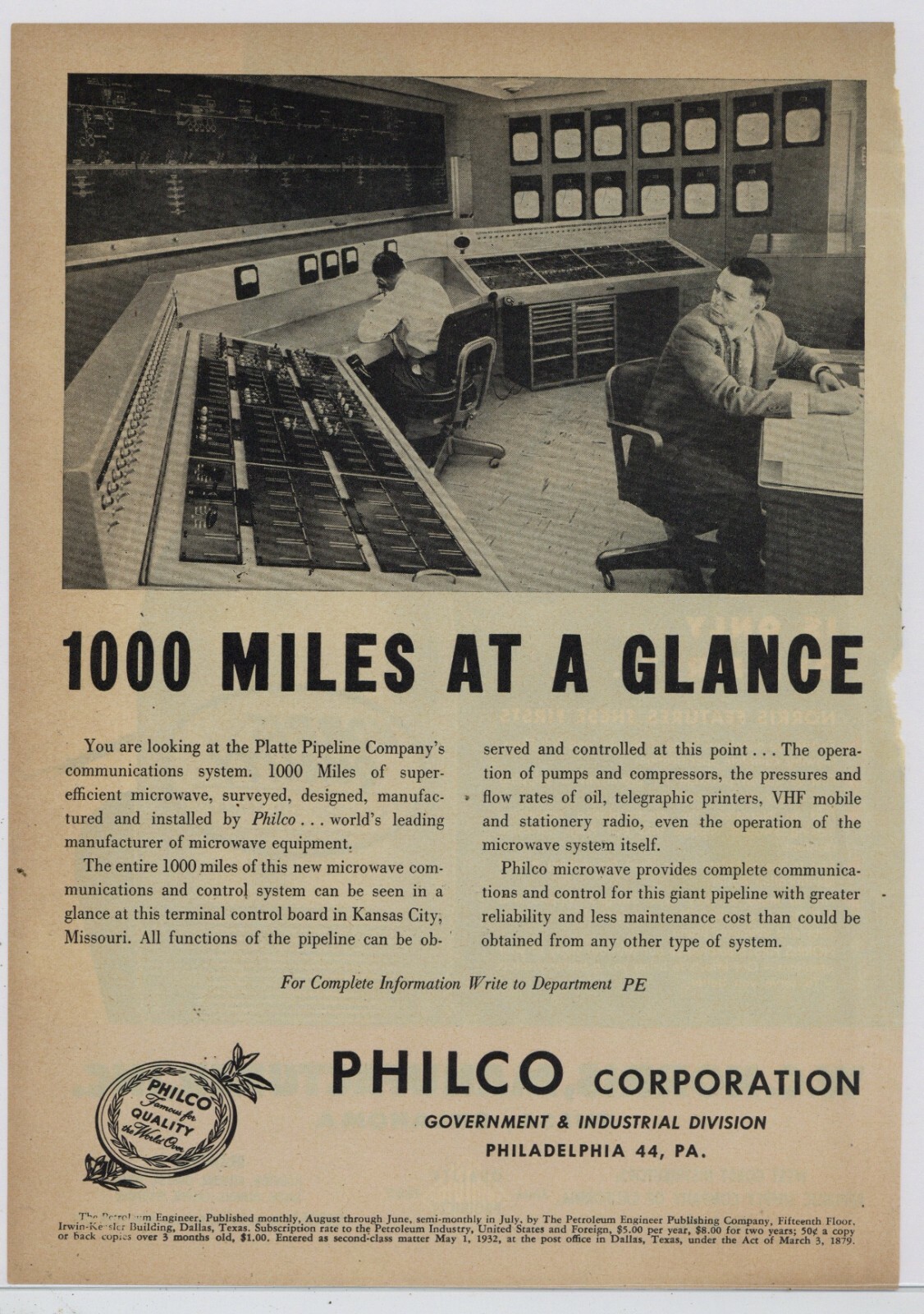 1953 Philco Co. Ad: Platte Pipeline Co. Communications System - Kansas ...