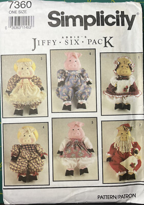 Simplicity Sewing Pattern 7360 Abbies Jiffy Six Pack Stuffed Pig's w ...