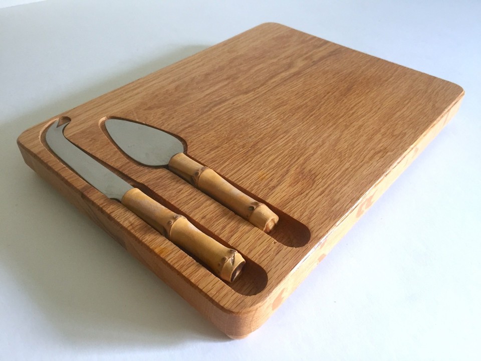 VTG MID CENTURY MODERN JAPAN FRUIT CHEESE BOARD & BAMBOO KNIVES 3PC ...